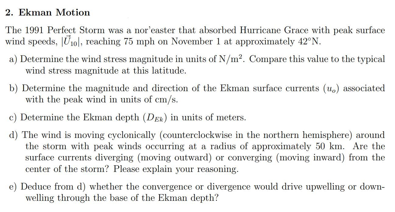 2. Ekman Motion The 1991 Perfect Storm was a | Chegg.com