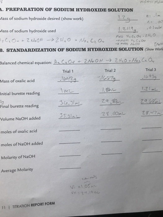Solved A. PREPARATION OF SODIUM HYDROXIDE SOLUTION Mass of | Chegg.com