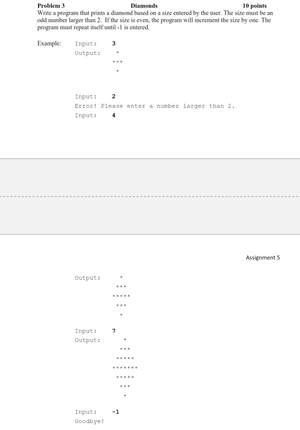 Solved Problem 3 Write a program that prints a diamond based | Chegg.com