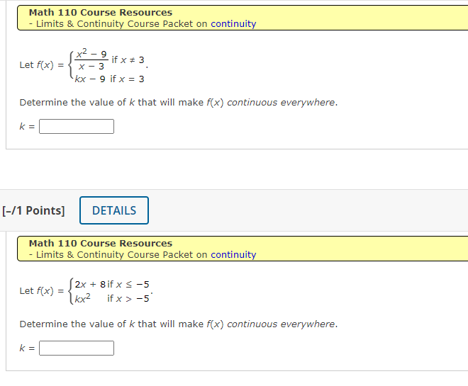 Solved Math 110 Course Resources - Limits \& Continuity | Chegg.com