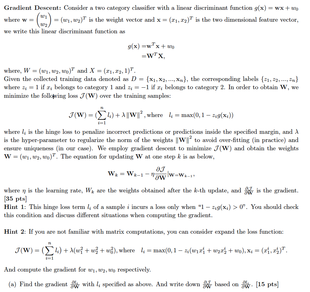 Gradient Descent: Consider a two category classifier | Chegg.com