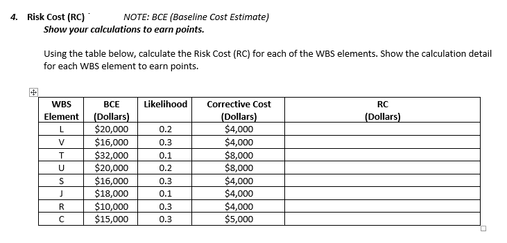 Solved 4. Risk Cost (RC) NOTE: BCE (Baseline Cost Estimate) | Chegg.com