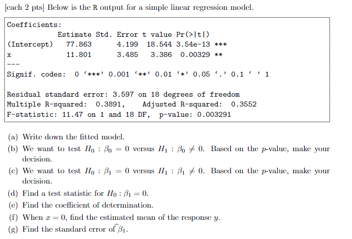 Solved cach 2 pts] Below is the R output for a simple lincar | Chegg.com