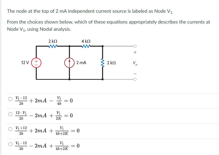 Solved The node at the top of 2 mA independent current | Chegg.com