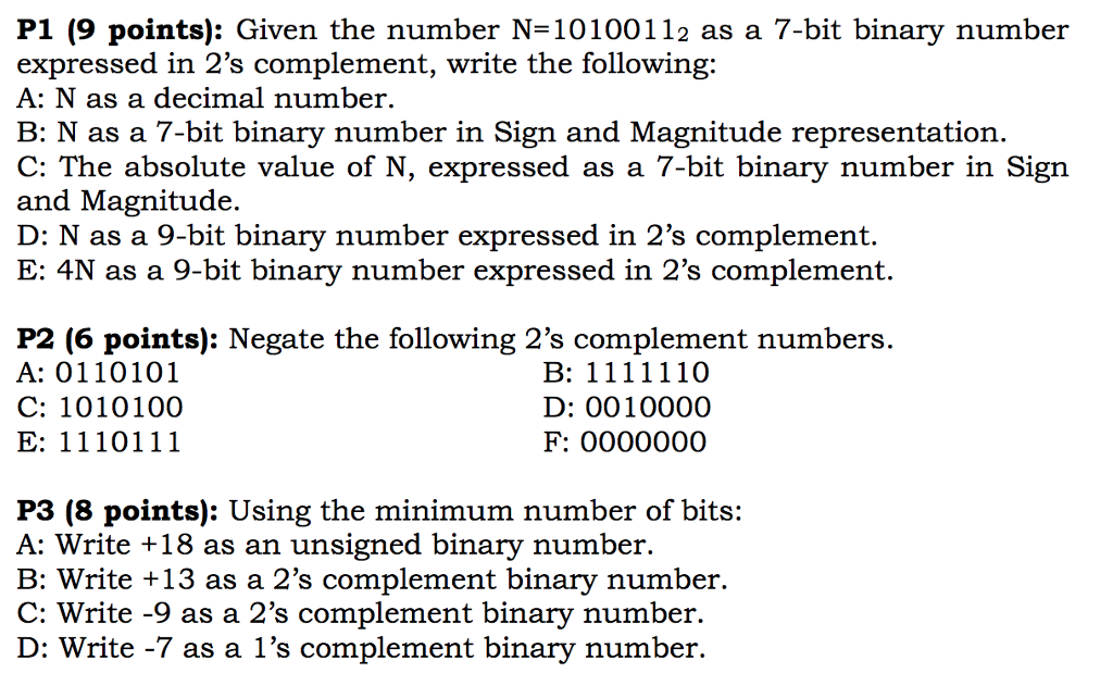 Solved P1 (9 points): Given the number N-10100112 as a 7-bit | Chegg.com