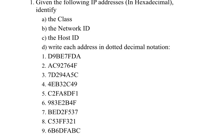 Solved 1. Given the following IP addresses (In Hexadecimal), | Chegg.com