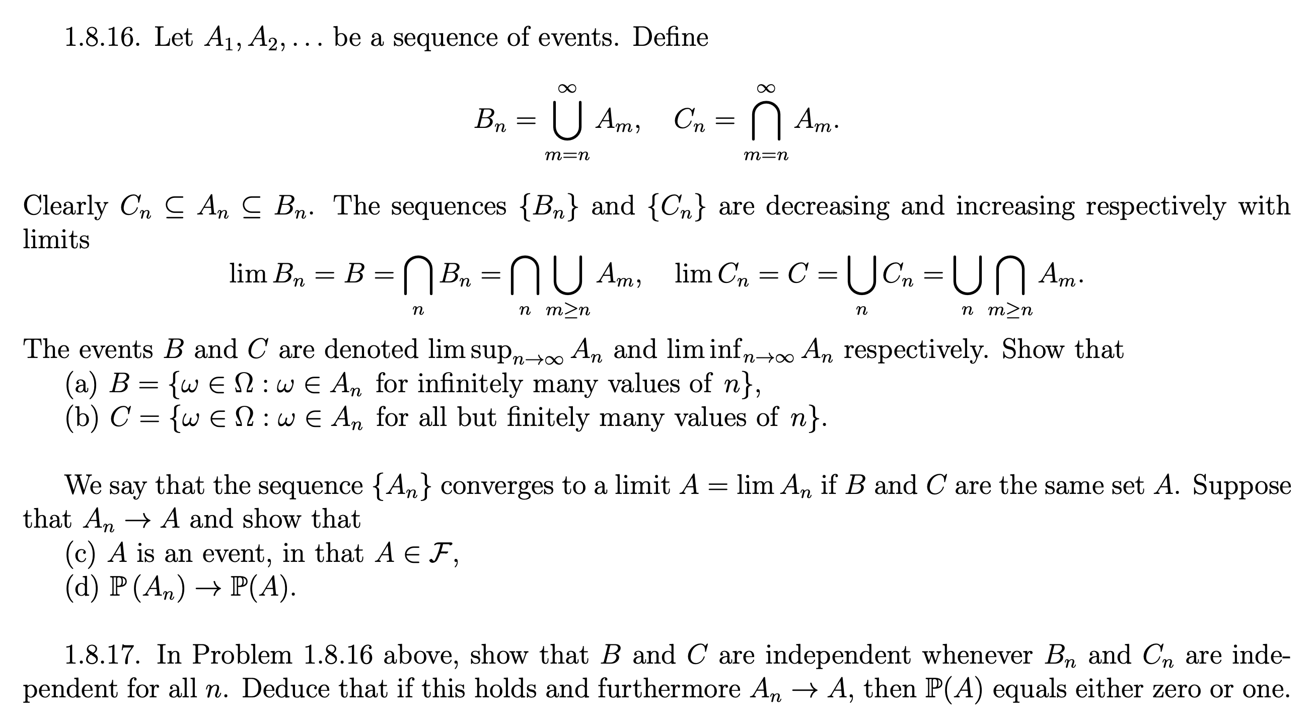 Solved 1.8.16. Let A1,A2,… be a sequence of events. Define | Chegg.com