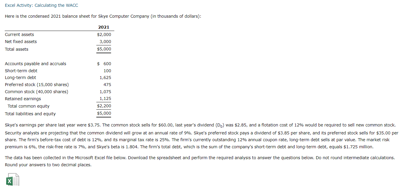 Solved Excel Activity: Calculating the WACC Here is the | Chegg.com