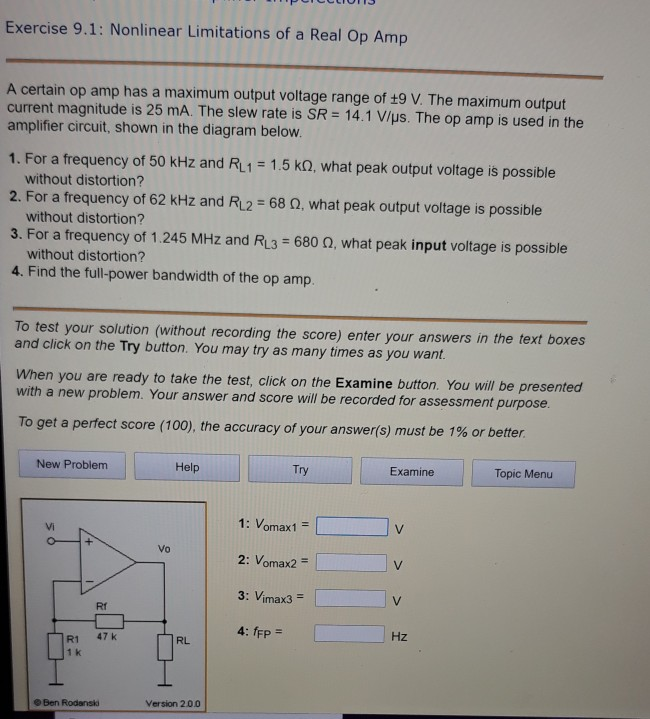 Exercise 9.1: Nonlinear Limitations of a Real Op Amp | Chegg.com