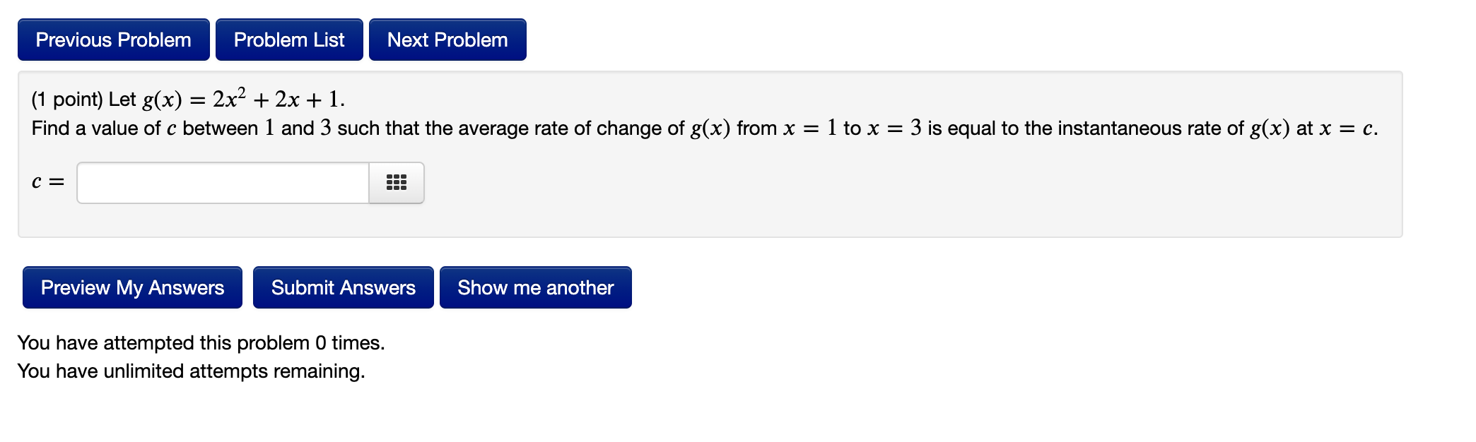 Solved (1 point) Let g(x)=2x2+2x+1. Find a value of c | Chegg.com