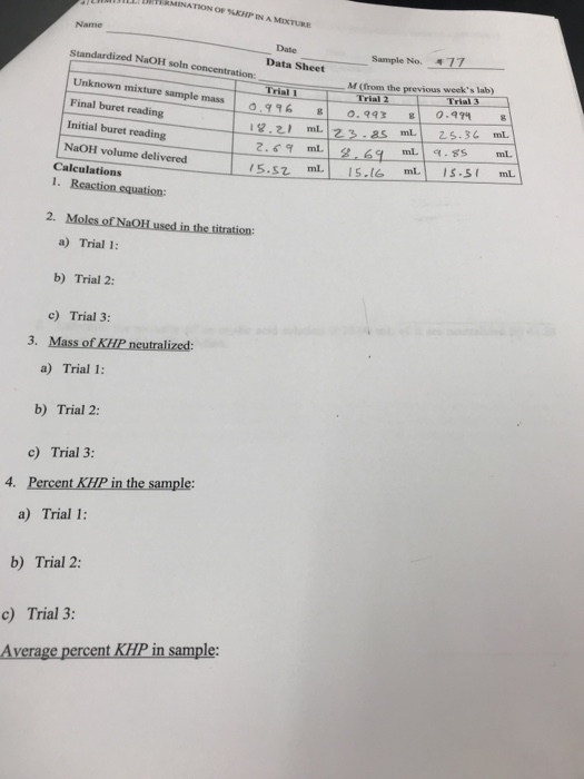 Solved MINATION OF %KHP IN A MIXTURE Name Date Data Sheet | Chegg.com