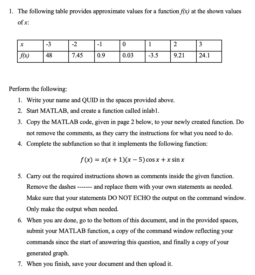 Solved function inlab1 ///matlab code % start of | Chegg.com