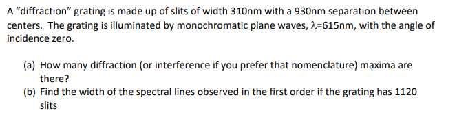 Solved A "diffraction" grating is made up of slits of width | Chegg.com