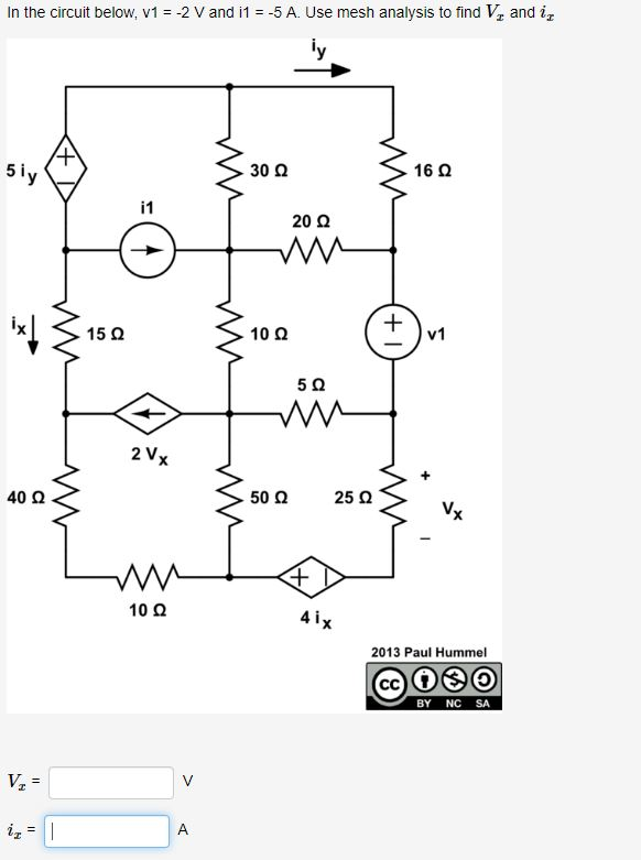 Solved In the circuit below, v1 -2 V and i1 -5 A. Use mesh | Chegg.com