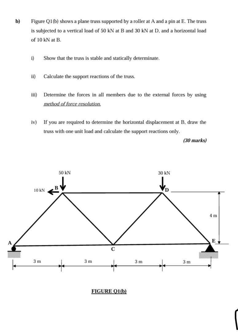 Solved b) ﻿Figure Q1 (b) ﻿shows a plane truss supported by a | Chegg.com