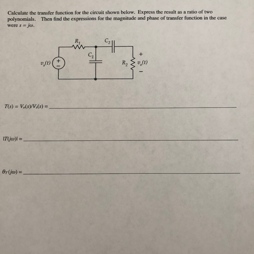 Solved Calculate the transfer function for the circuit shown | Chegg.com