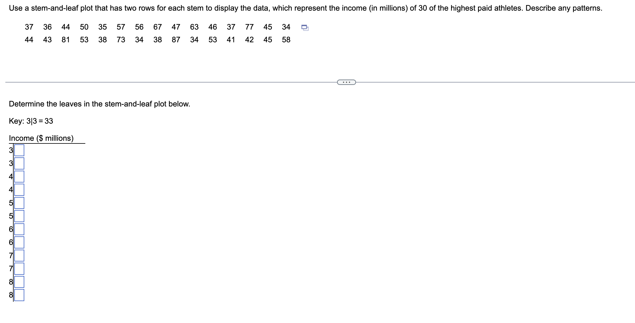 Solved Use a stem-and-leaf plot that has two rows for each | Chegg.com
