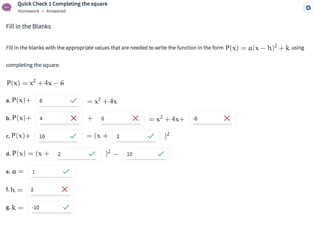 Solved Quick Check 1 Completing the square Homework. | Chegg.com