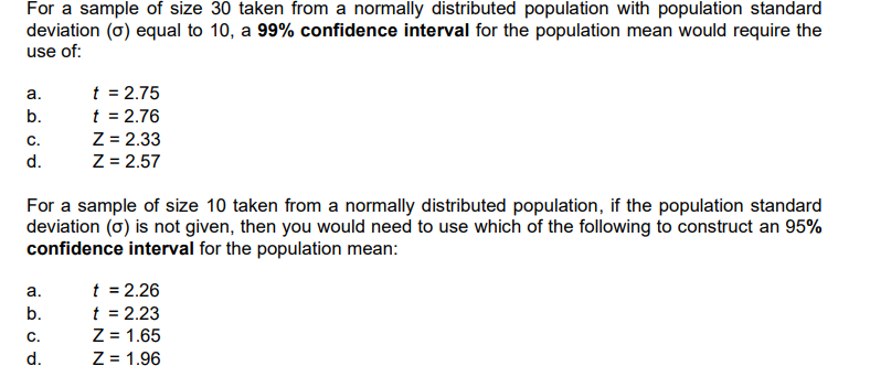 Solved For a sample of size 30 taken from a normally | Chegg.com