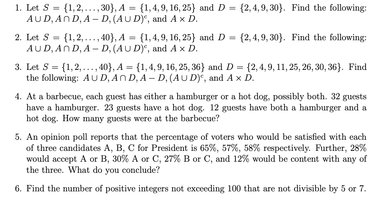 Solved 1. Let S = {1, 2, ...,30), A = {1,4,9, 16, 25} and D | Chegg.com
