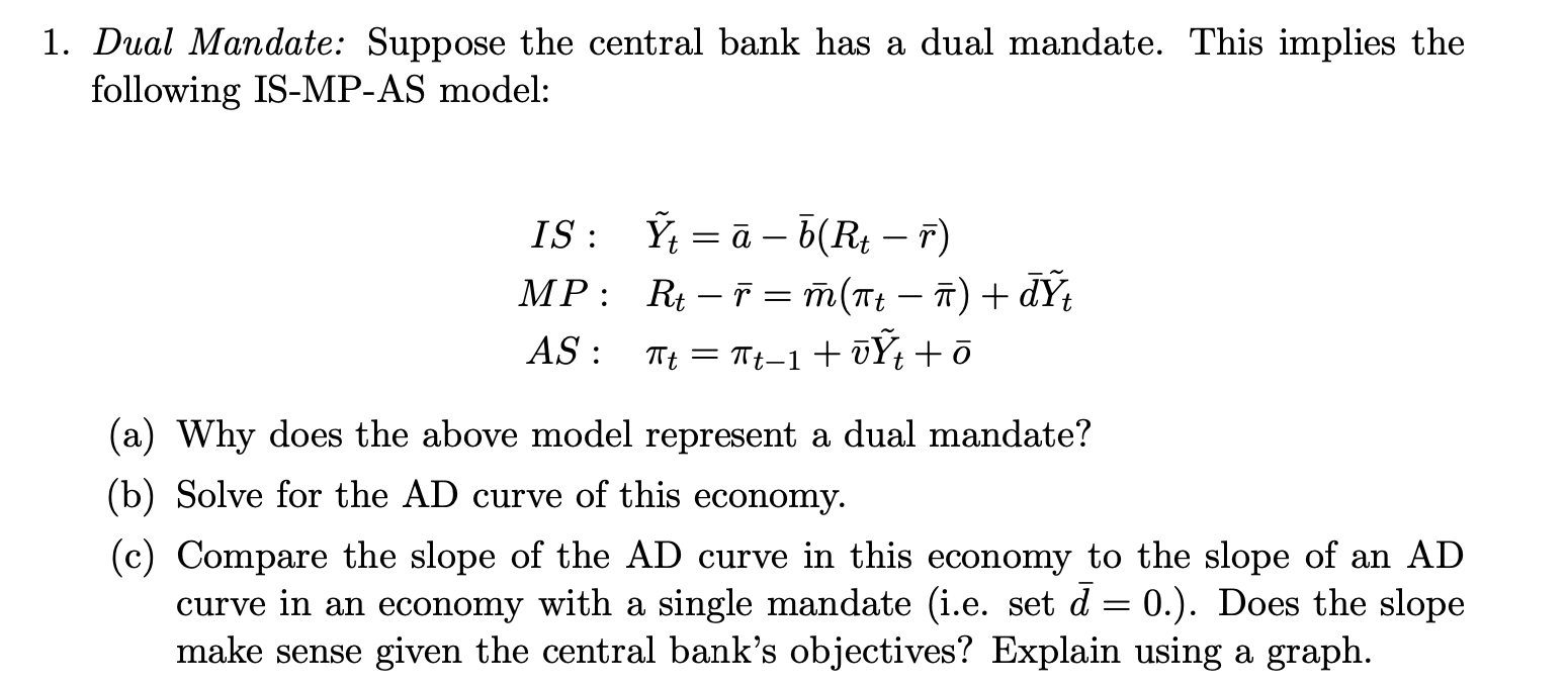Solved 1. Dual Mandate: Suppose the central bank has a dual | Chegg.com