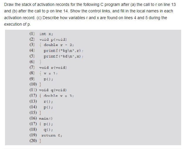 Solved Draw the stack of activation records for the | Chegg.com