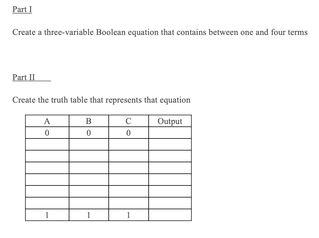 Solved Part I Create a three-variable Boolean equation that | Chegg.com