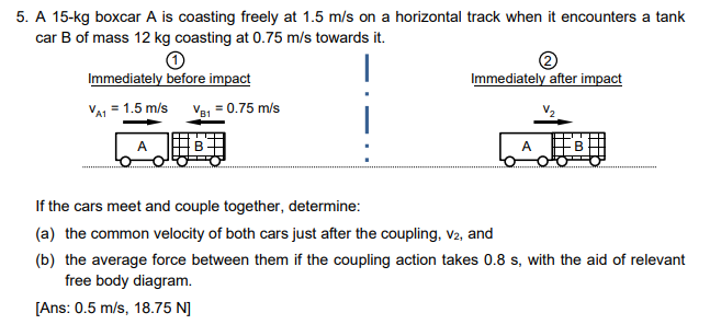 Solved 5. A 15−kg boxcar A is coasting freely at 1.5 m/s on | Chegg.com