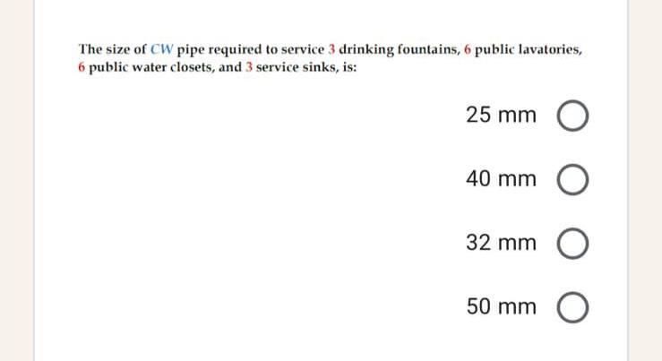 Solved The size of CW pipe required to service 3 drinking | Chegg.com