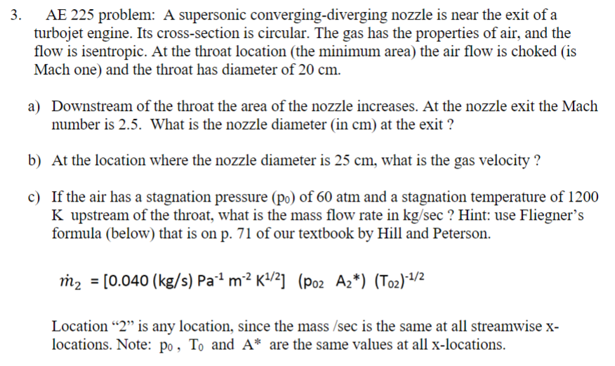 Solved AE 225 ﻿problem: A supersonic converging-diverging | Chegg.com