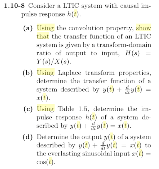 Solved 1.10-8 Consider a LTIC system with causal im- pulse | Chegg.com