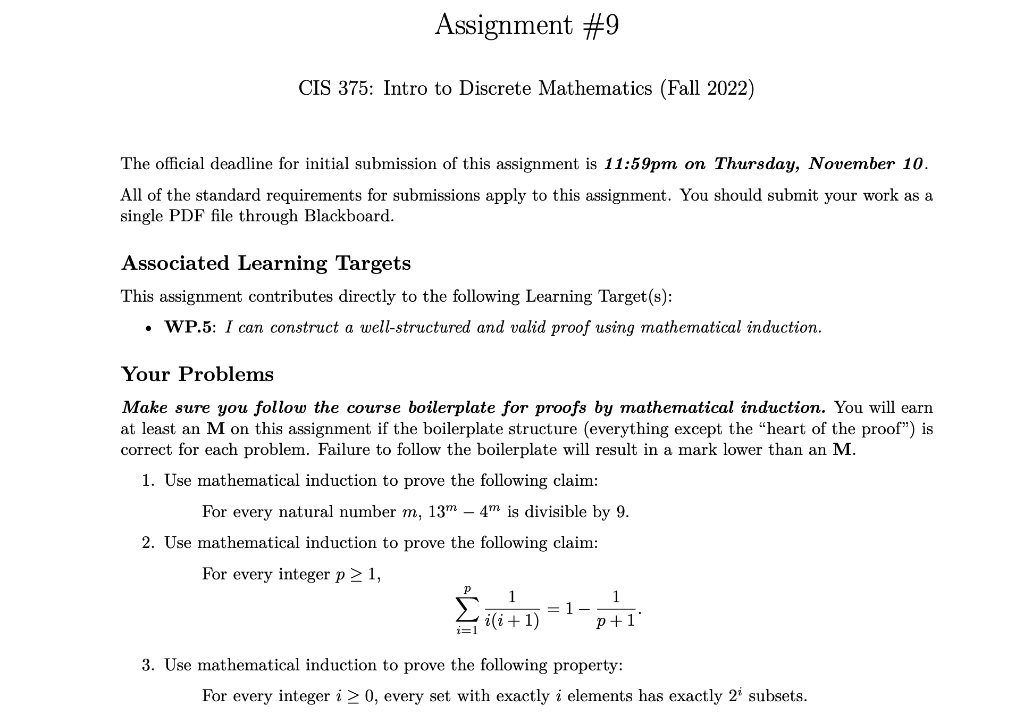 Solved Assignment \#9 CIS 375: Intro to Discrete Mathematics | Chegg.com