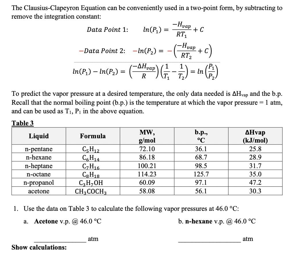 Solved The Clausius-Clapeyron Equation can be conveniently | Chegg.com