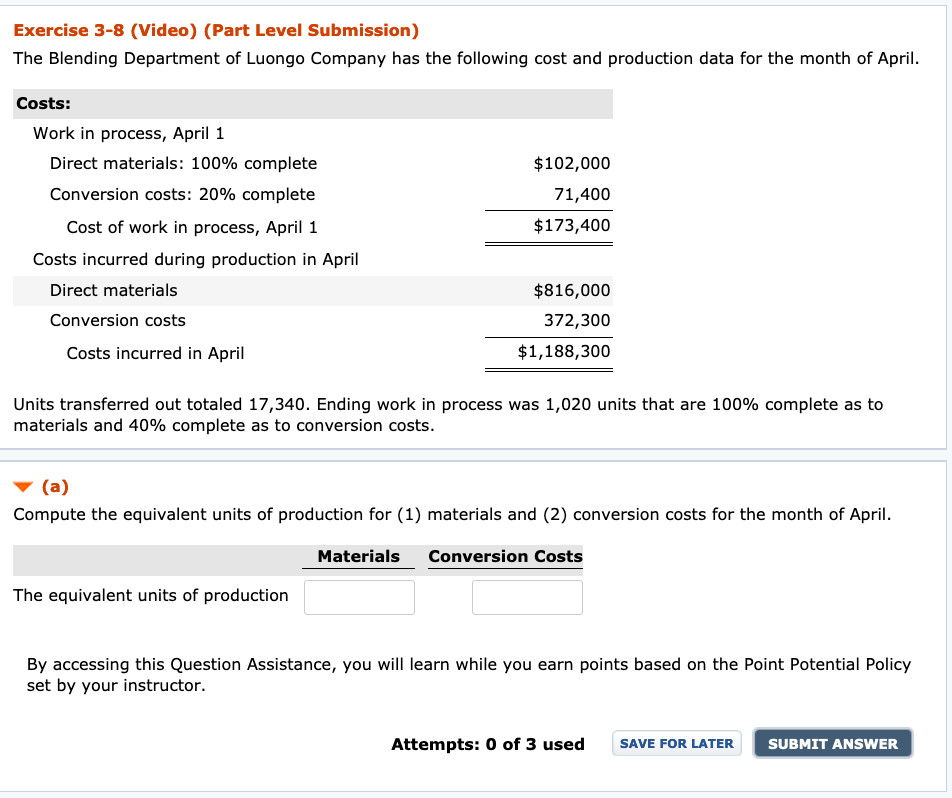 Solved Exercise 3-8 (Video) (Part Level Submission) The | Chegg.com