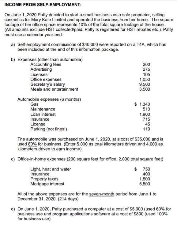 Solved prepare the statement of income from self-employment | Chegg.com