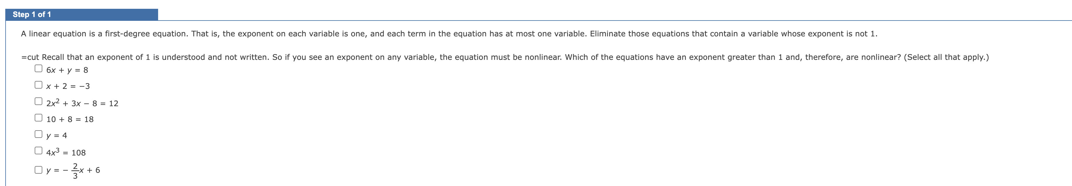 Solved Step 1 of 1 A linear equation is a first-degree | Chegg.com
