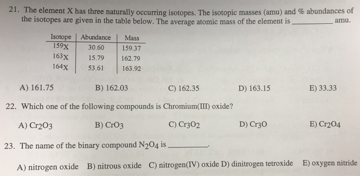 Solved 21 The element X has three naturally occurring | Chegg.com