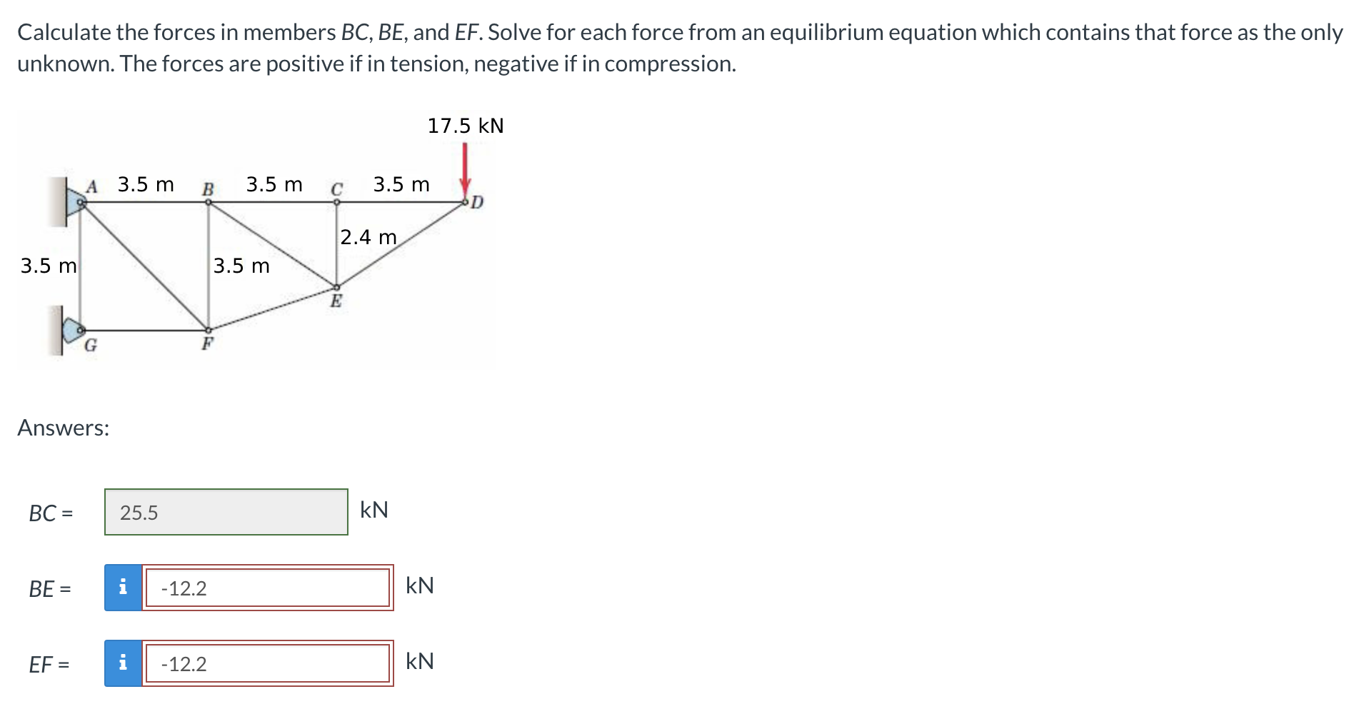 Solved Calculate the forces in members BC, BE, and EF. Solve | Chegg.com
