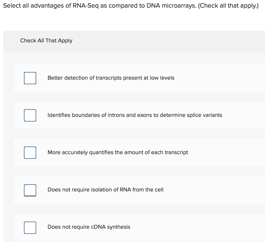 Solved Select all advantages of RNA-Seq as compared to DNA | Chegg.com