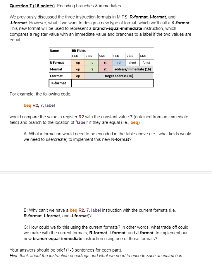 Question 7 (15 points): Encoding branches & | Chegg.com