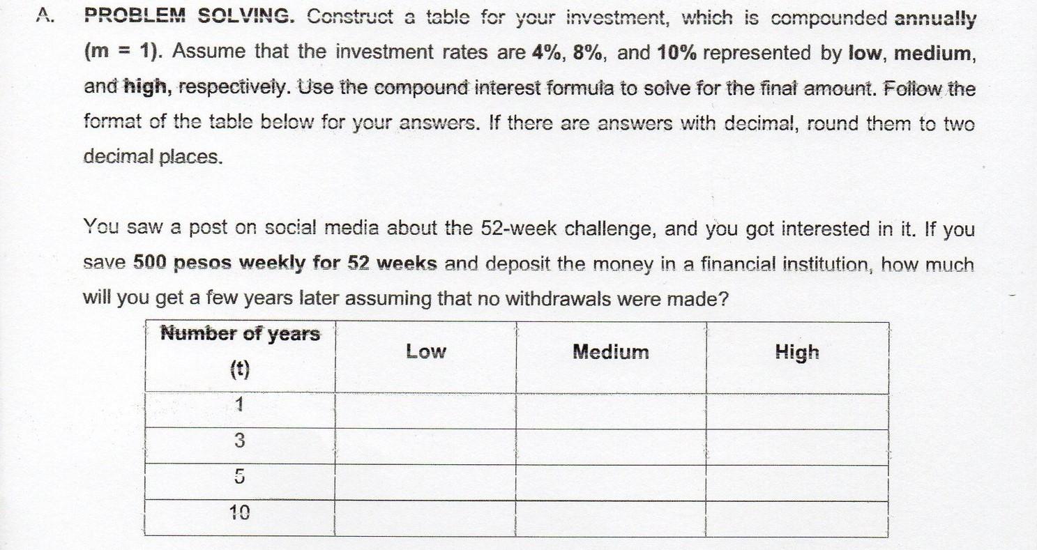 Solved A. PROBLEM SOLVING. Construct a table for your | Chegg.com