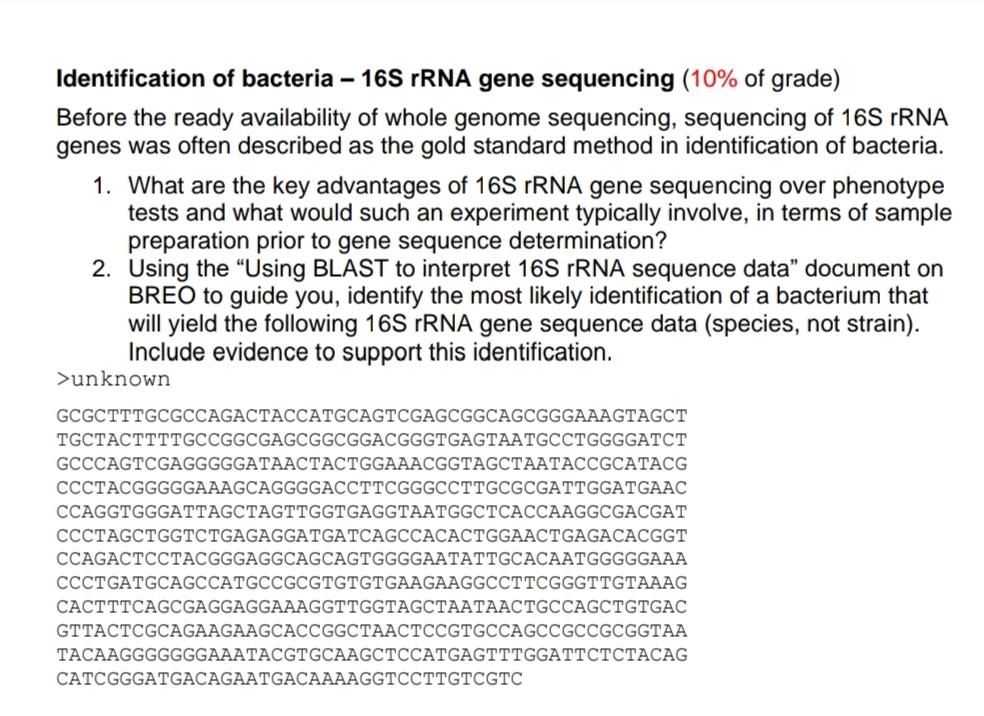 Solved Identification of bacteria - 16S rRNA gene sequencing | Chegg.com