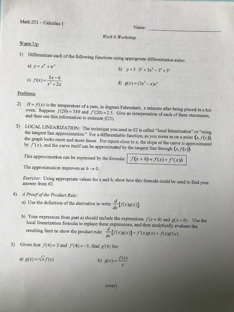 Solved Math 251 -Calculus 1 Name: Week 6 Workshop Warm Up 1) | Chegg.com