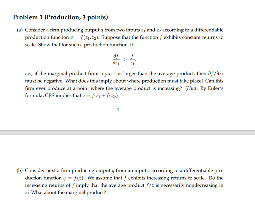 Solved Problem 1 (Production, 3 points) (a) Consider a firm | Chegg.com