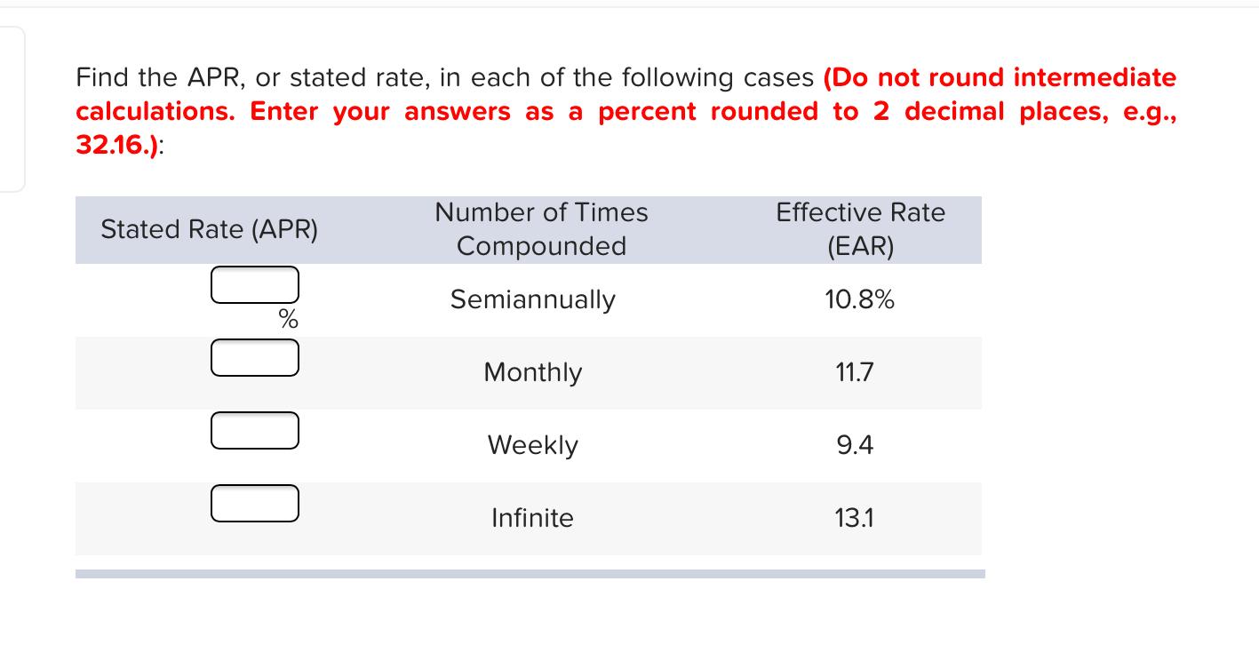 Solved Find the APR, or stated rate, in each of the | Chegg.com
