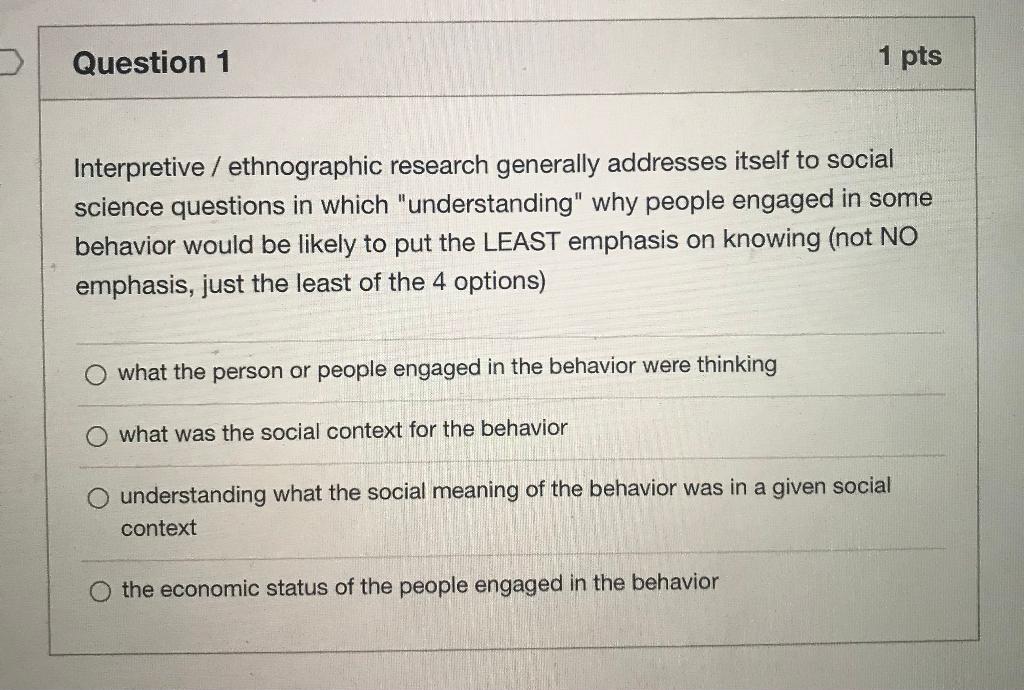 Solved Question 1 1 pts Interpretive / ethnographic research | Chegg.com