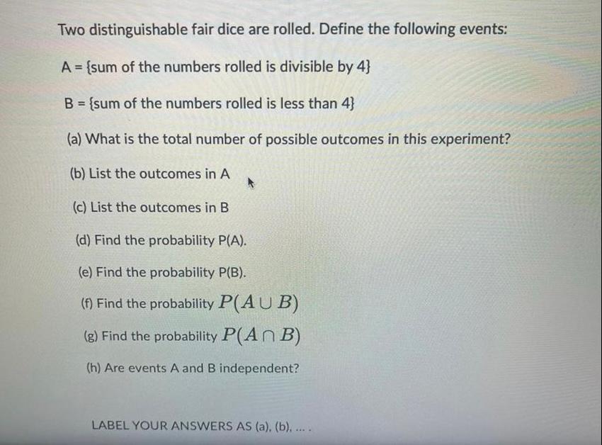 Solved Two distinguishable fair dice are rolled. Define the | Chegg.com