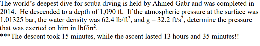 Solved The world's deepest dive for scuba diving is held by | Chegg.com