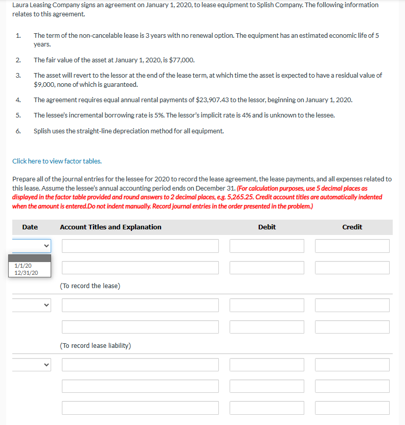 Solved Laura Leasing Company signs an agreement on January | Chegg.com
