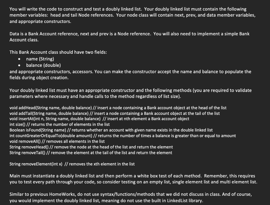 Solved You will write the code to construct and test a | Chegg.com